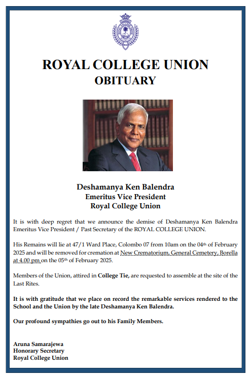 Obituary : Deshamanya Ken Balendra (Emeritus Vice President - RCU ...
